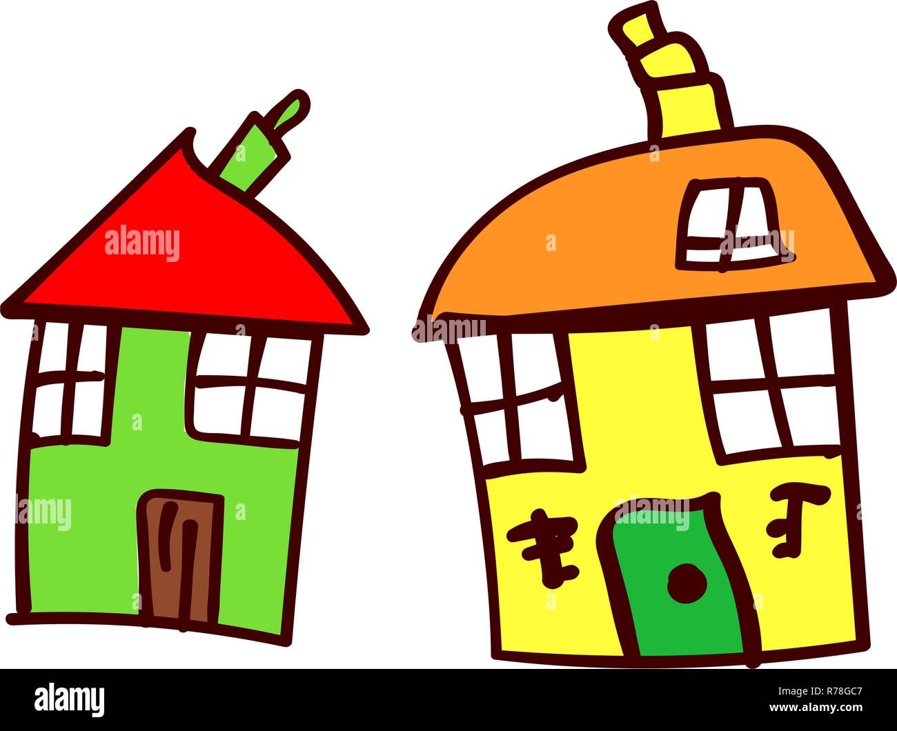 Two crooked house in the style of childrens drawing. Vector ...