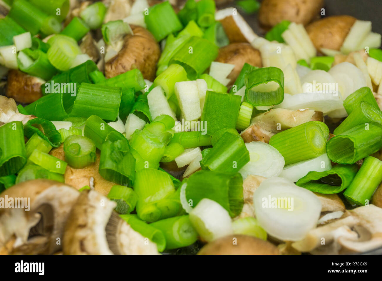 Close-up of Chopped green spring onions and edible mushrooms in a ...