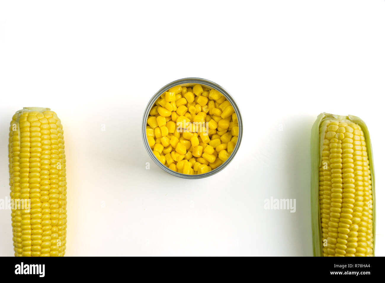 Sweet Corn and a can of corn isolated on white Background Stock Photo ...