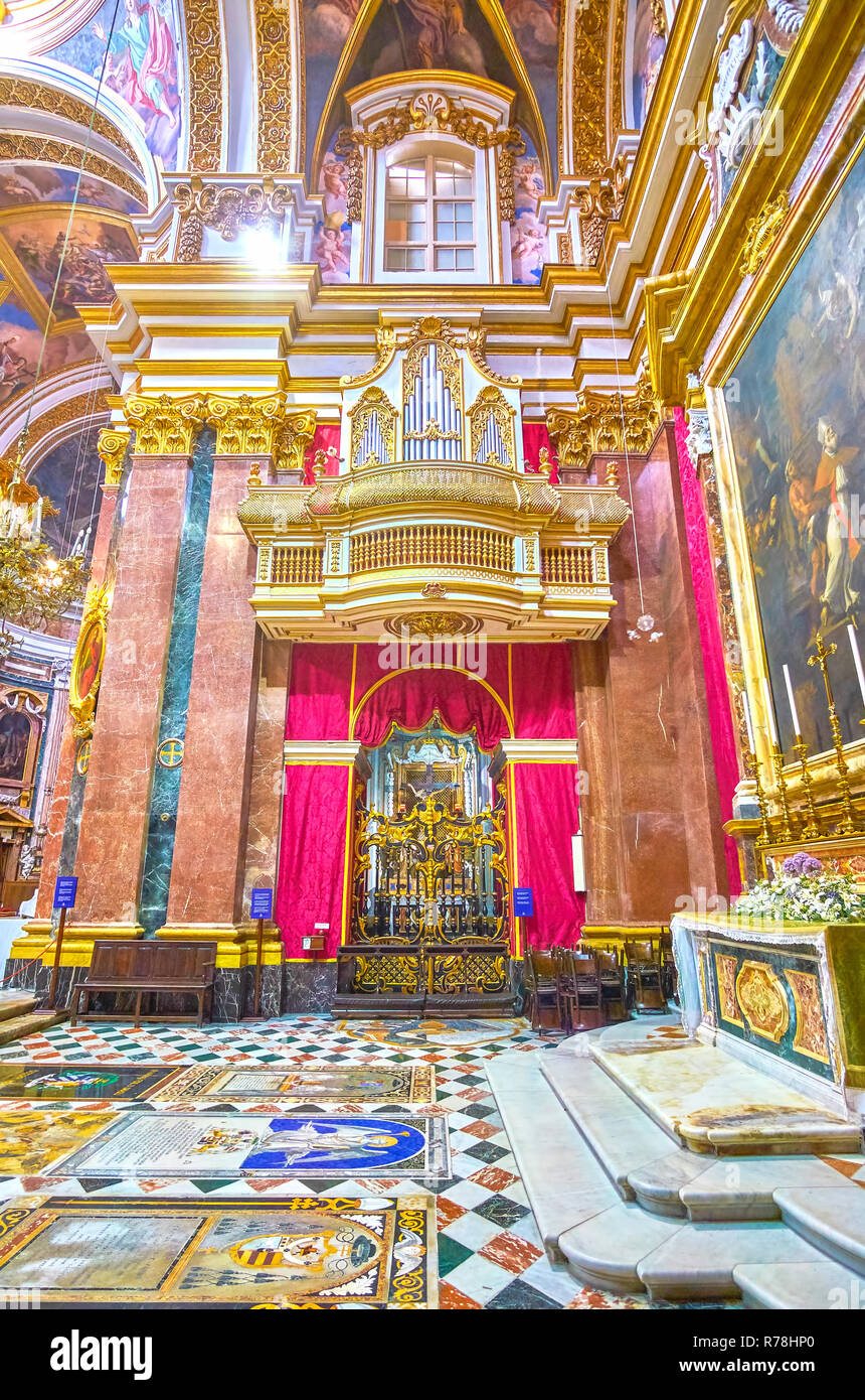 MDINA, MALTA - JUNE 14, 2018: The Chapel of St Publius with pipe organ ...
