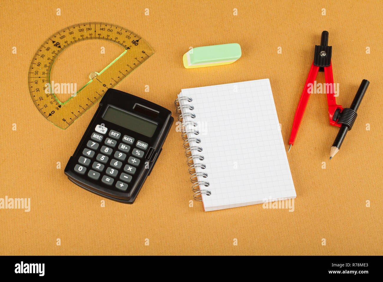 School learning tools - notebook, pen, scissors, calculator, ruler, etc ...