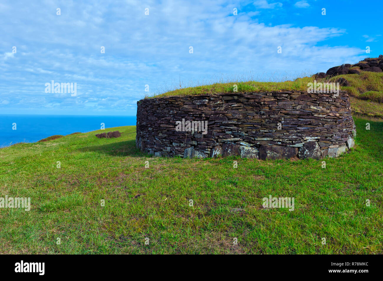 Restored stone house, Orongo Ceremonial village, Unesco World Heritage ...
