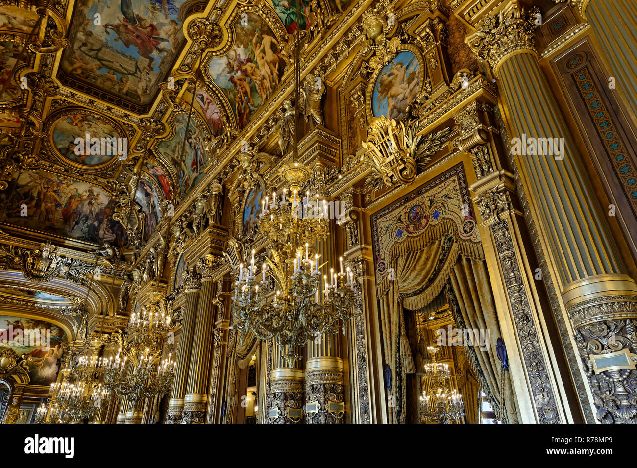 Le Grand Foyer with ornate ceiling by Paul Baudry, Opera Garnier, Paris ...
