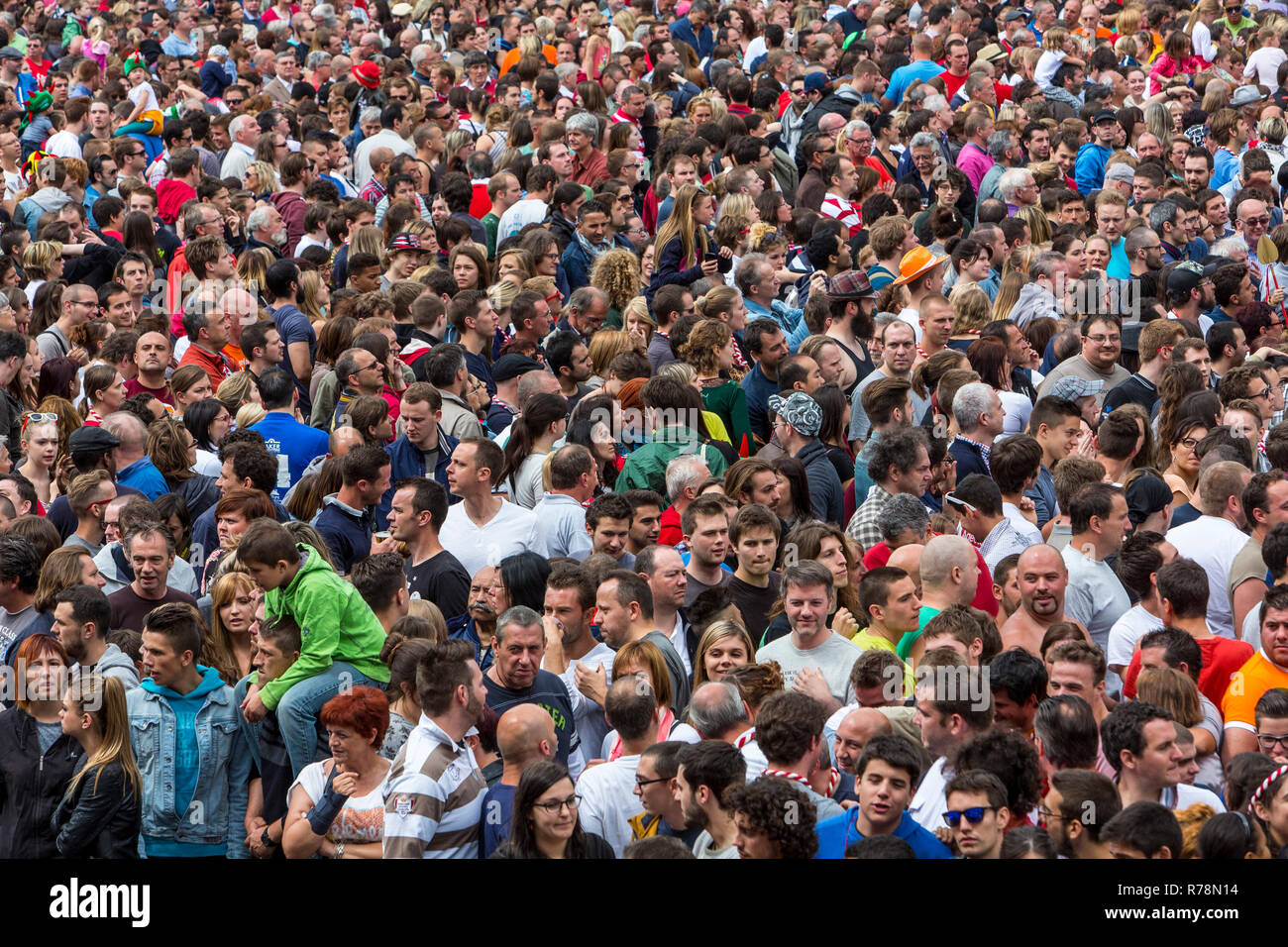 Densely packed crowd at a public festival, Mons, Wallonia, Belgium ...