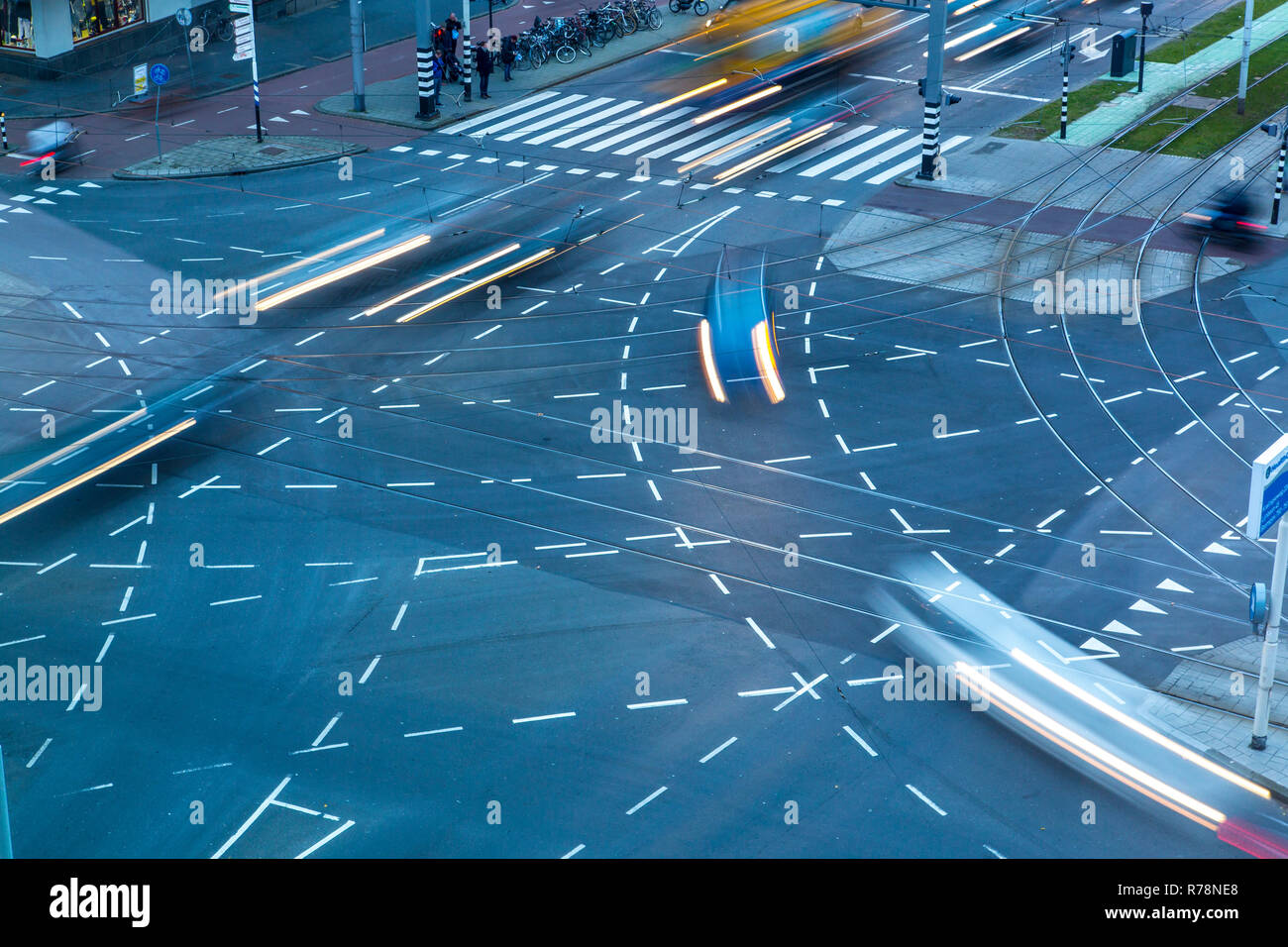 Large road junction, road markings for various turning lanes, Rotterdam ...