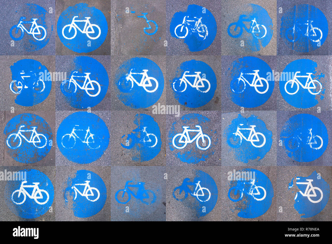 Collage of cycle track markings on a pavement, partly worn away Stock ...