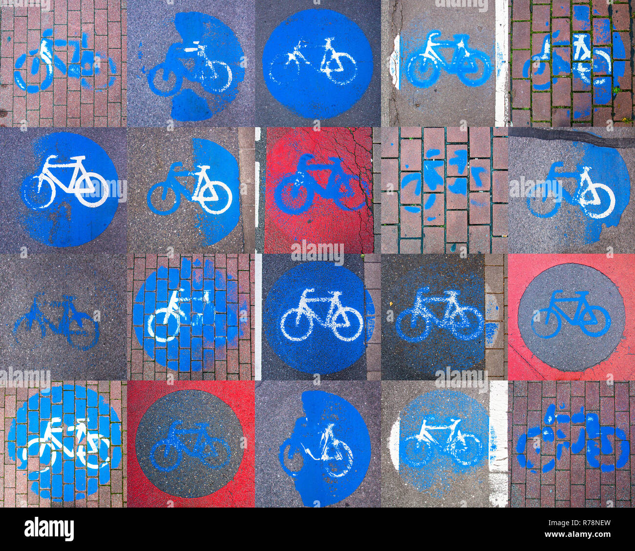 Collage of cycle track markings on a pavement, partly worn away Stock ...