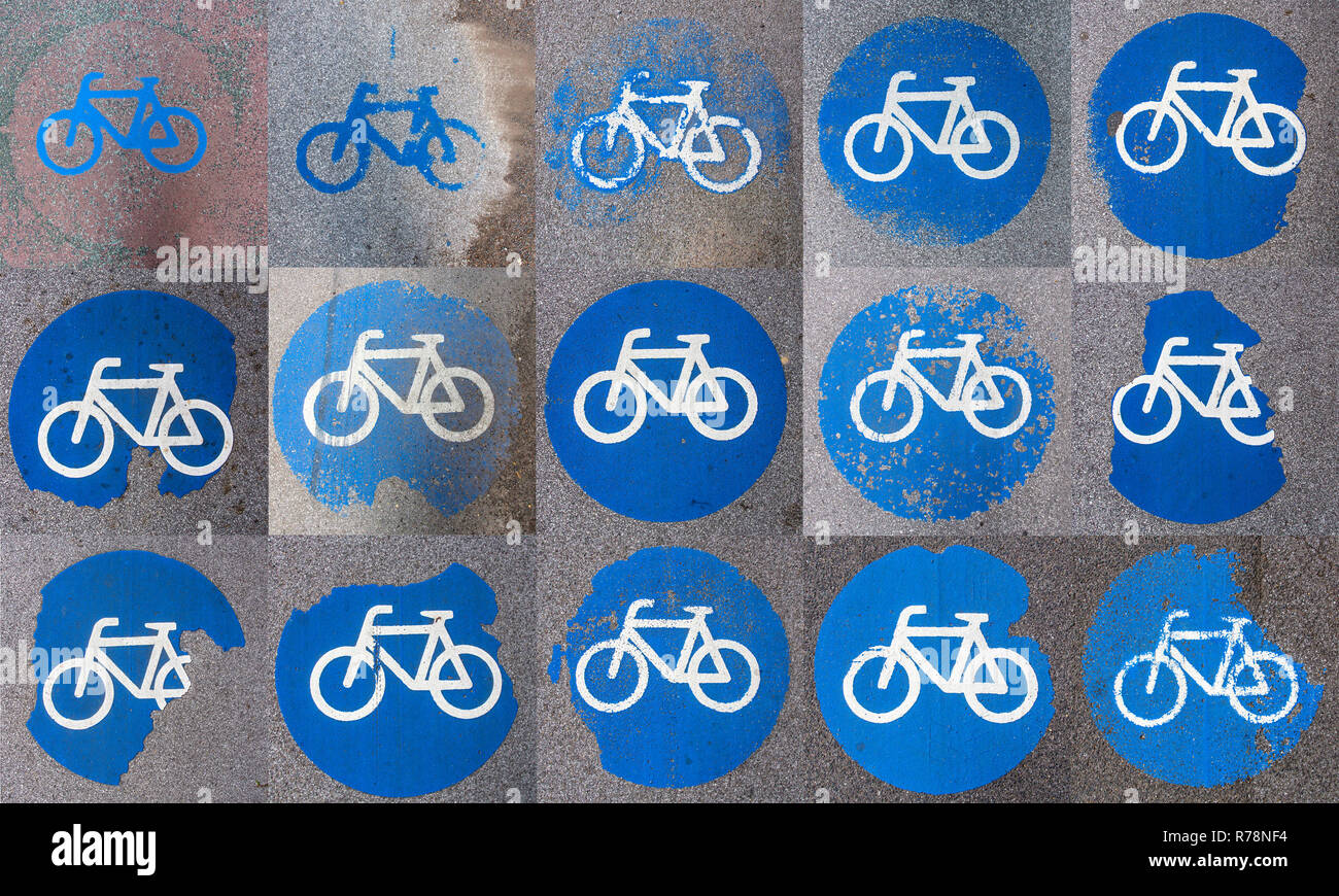 Collage of cycle track markings on a pavement, partly worn away Stock ...