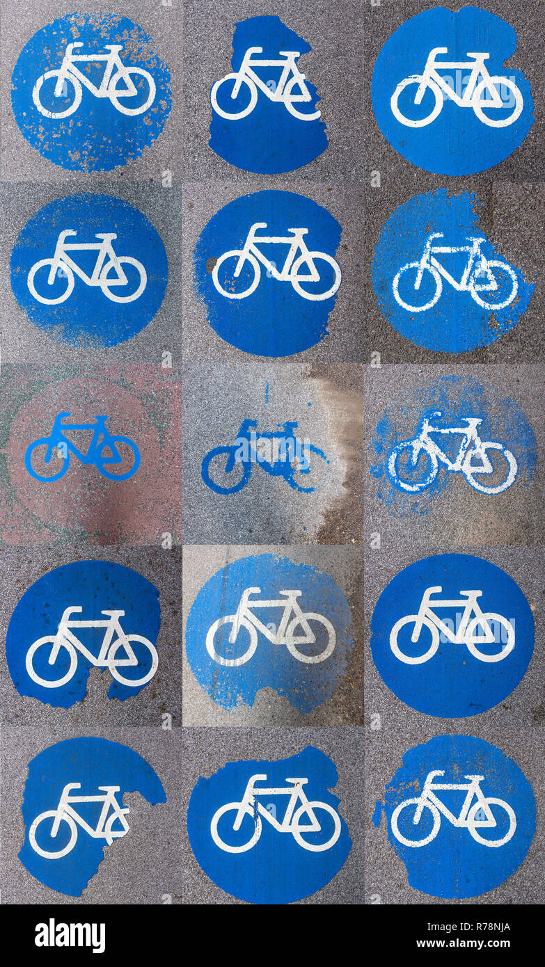 Collage of cycle track markings on a pavement, partly worn away Stock ...