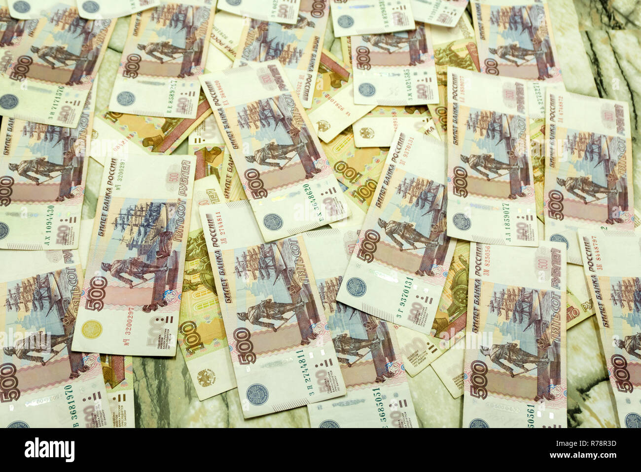Abstract background of money pile 500 russian rouble bills. Studio ...