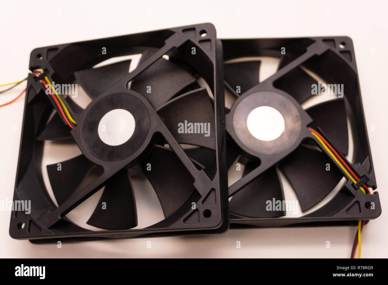 two CPU fan with aluminum radiator on a white background, front and ...