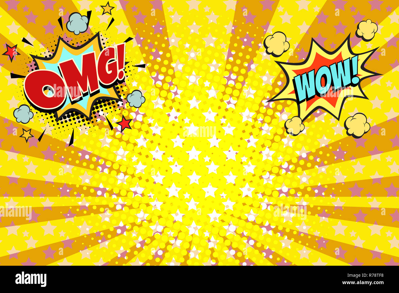omg wow yellow orange rays pop art background Stock Photo - Alamy