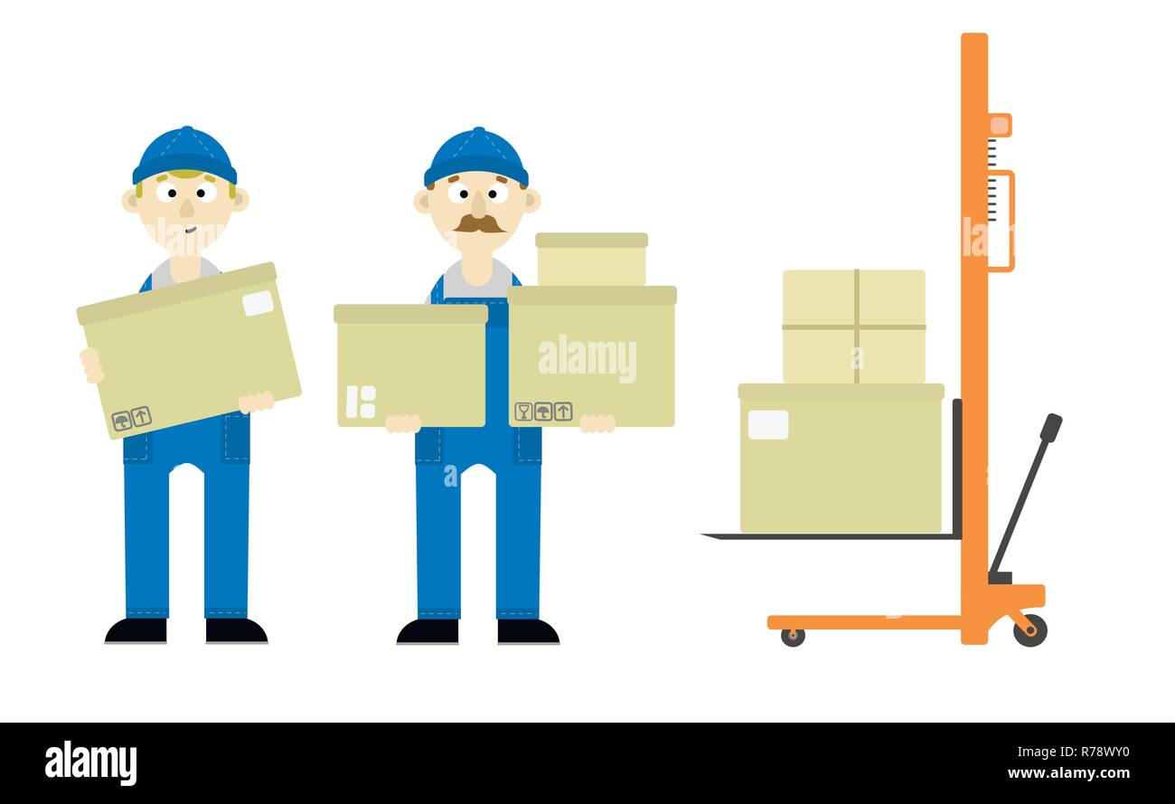 loaders movers with cardboard boxes Vector illustration on white ...
