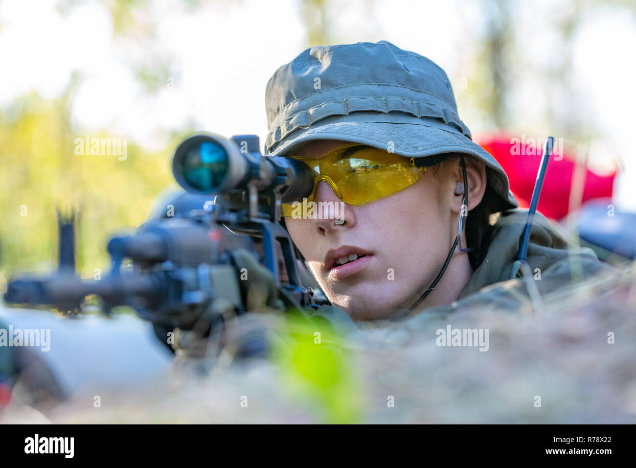 Sniper armed with large caliber, sniper rifle, shooting enemy targets ...