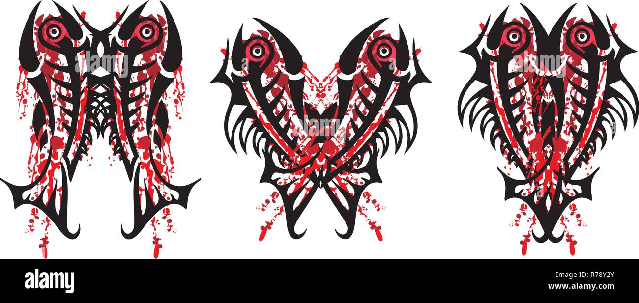 Three awful splattered bloody symbols. Bloody scary fishes in the form ...