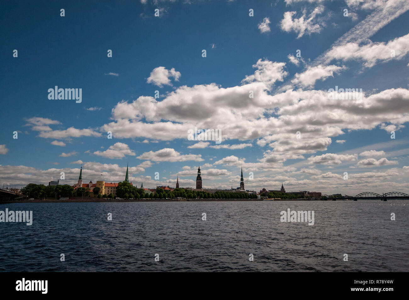 Riga city, capital of Latvia panoramic view with river Daugava and ...