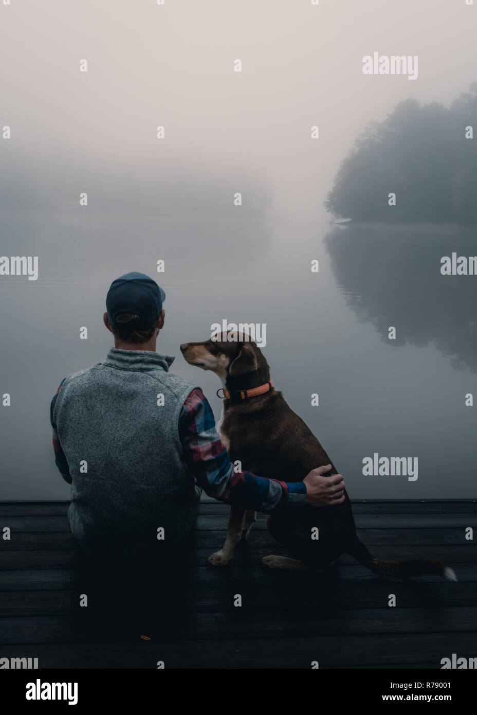 Man and dog on dock Stock Photo - Alamy