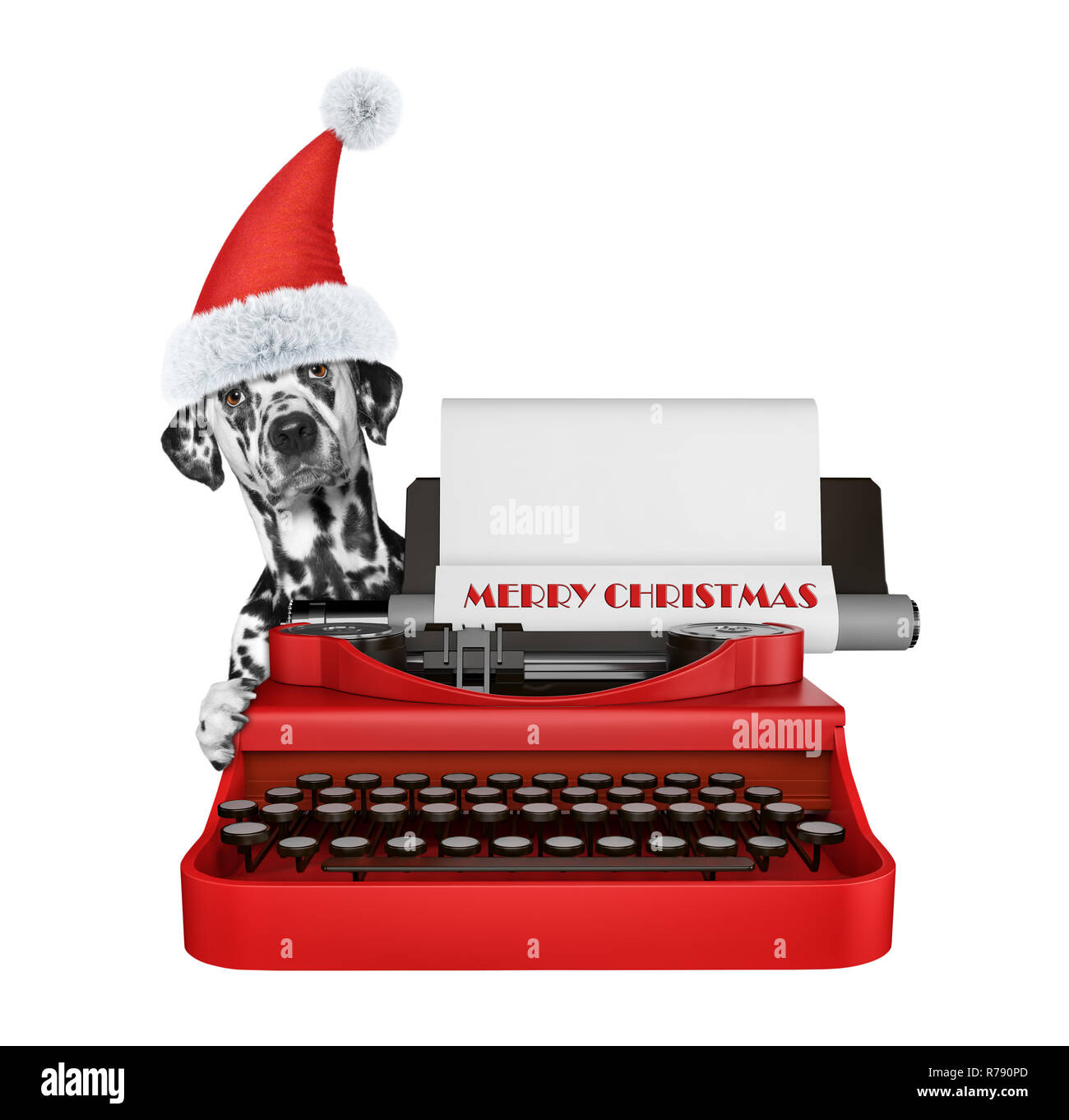 Cute santa dalmatian dog is typing on a typewriter keyboard. Isolated ...