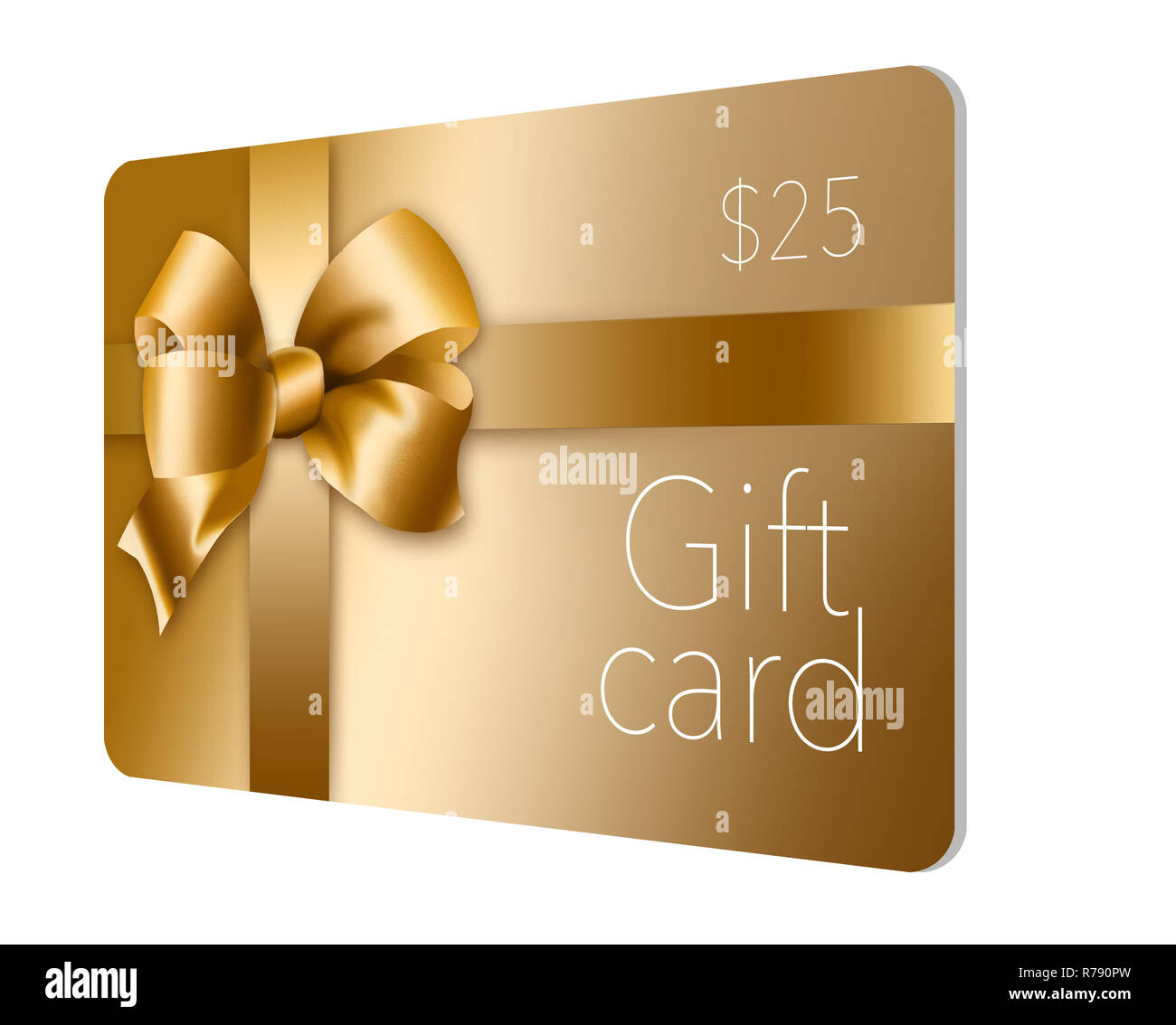A gold gift card with a gold bow and ribbon is pictured here isolated ...
