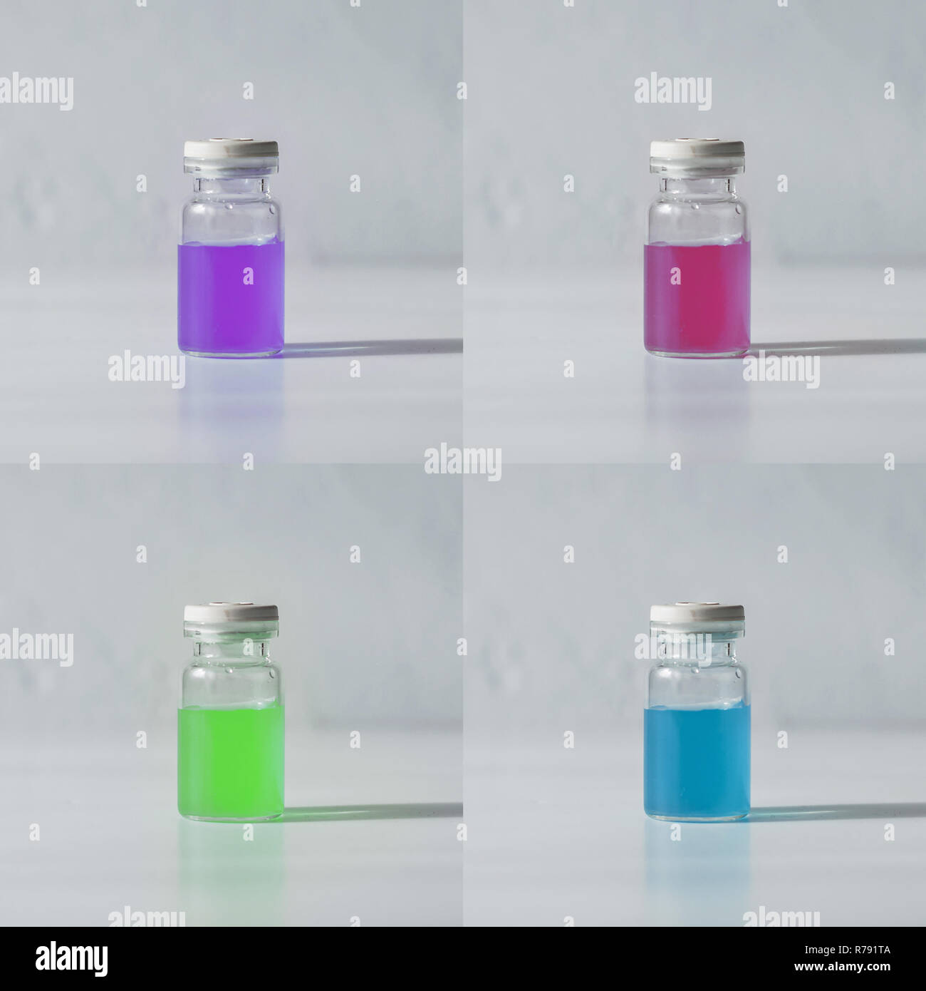 Set of 4 images of a glass vial filled with colorful liquid in various ...
