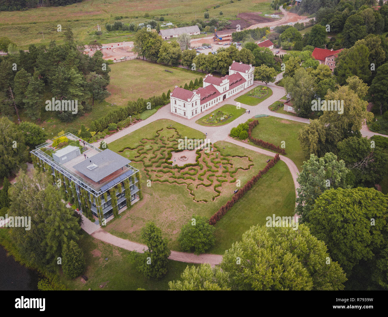 Aerial view of old and new botanical park buildings during summer day ...