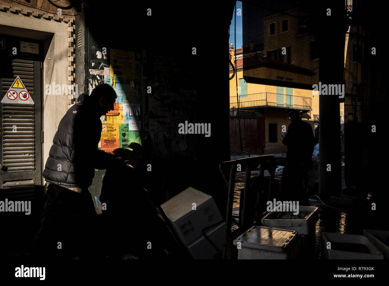 Venice, Portugal - 9 December 2017: Worker at Venice fish market Stock ...
