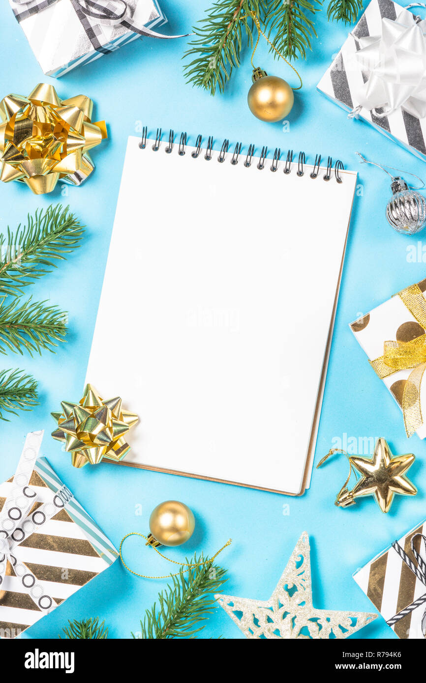 Christmas flatlay background - silver and gold decorations on bl Stock ...