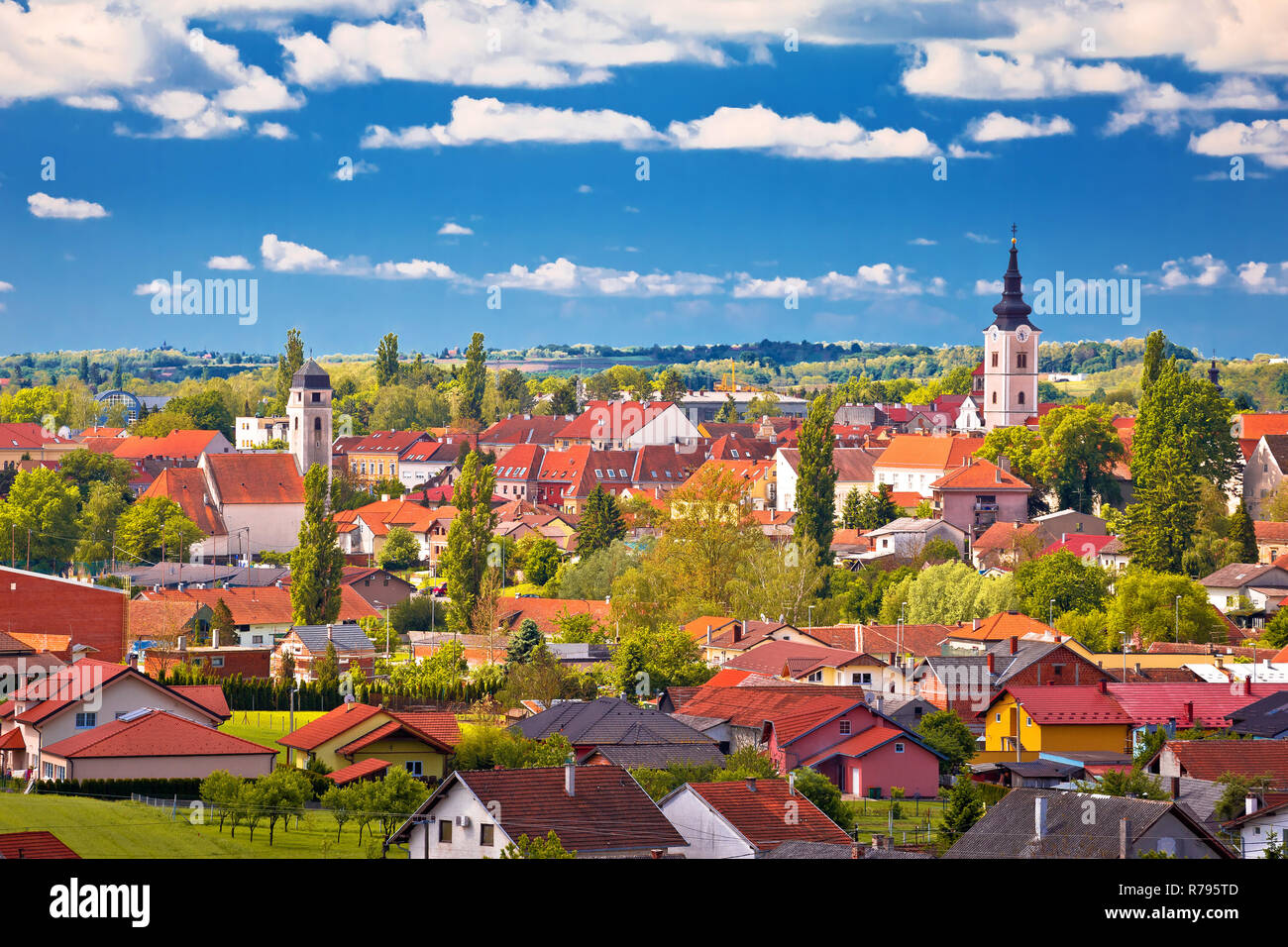 Town of Krizevci cloudy skyline and green landscape view, region of ...