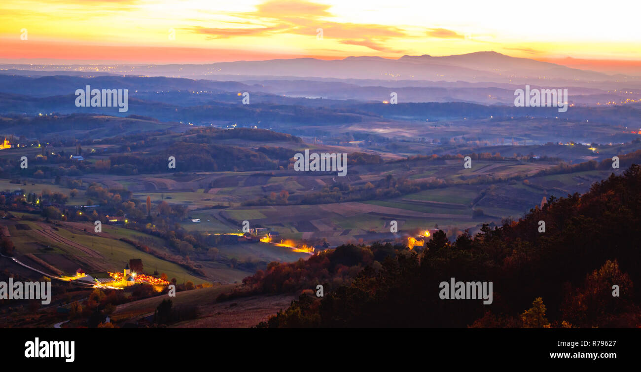 Sunset panoramic view from Kalnik mountain to Medvednica, idyllic ...