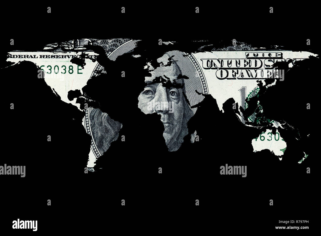 dollar bill and world map Stock Photo - Alamy