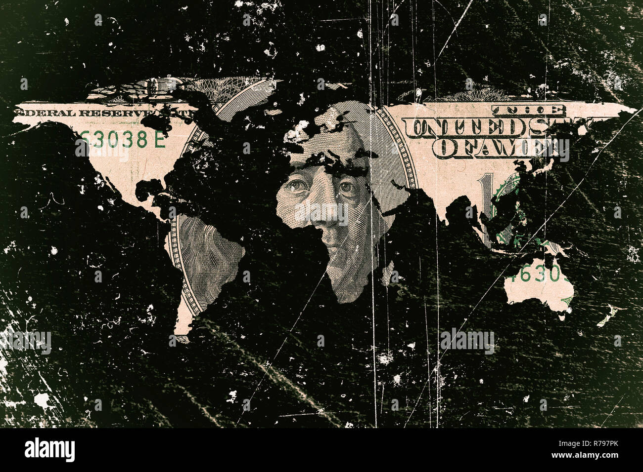 dollar bill and world map Stock Photo - Alamy