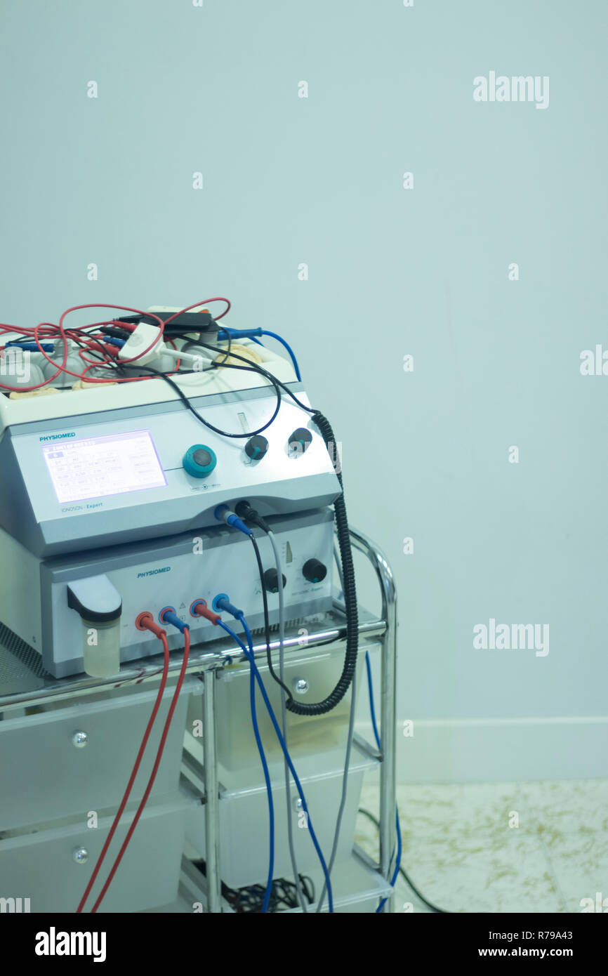 Physiotherapy electrostimulation equipment in physiotherapist medical ...