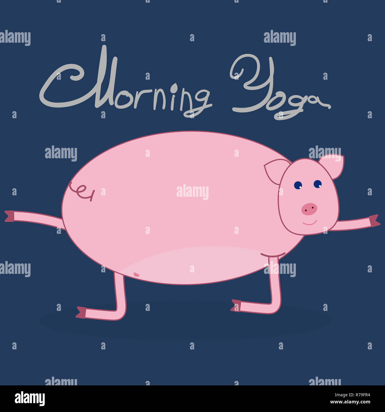 Morning yoga with a pig. Pig is engaged in gymnastics. Dark blue ...