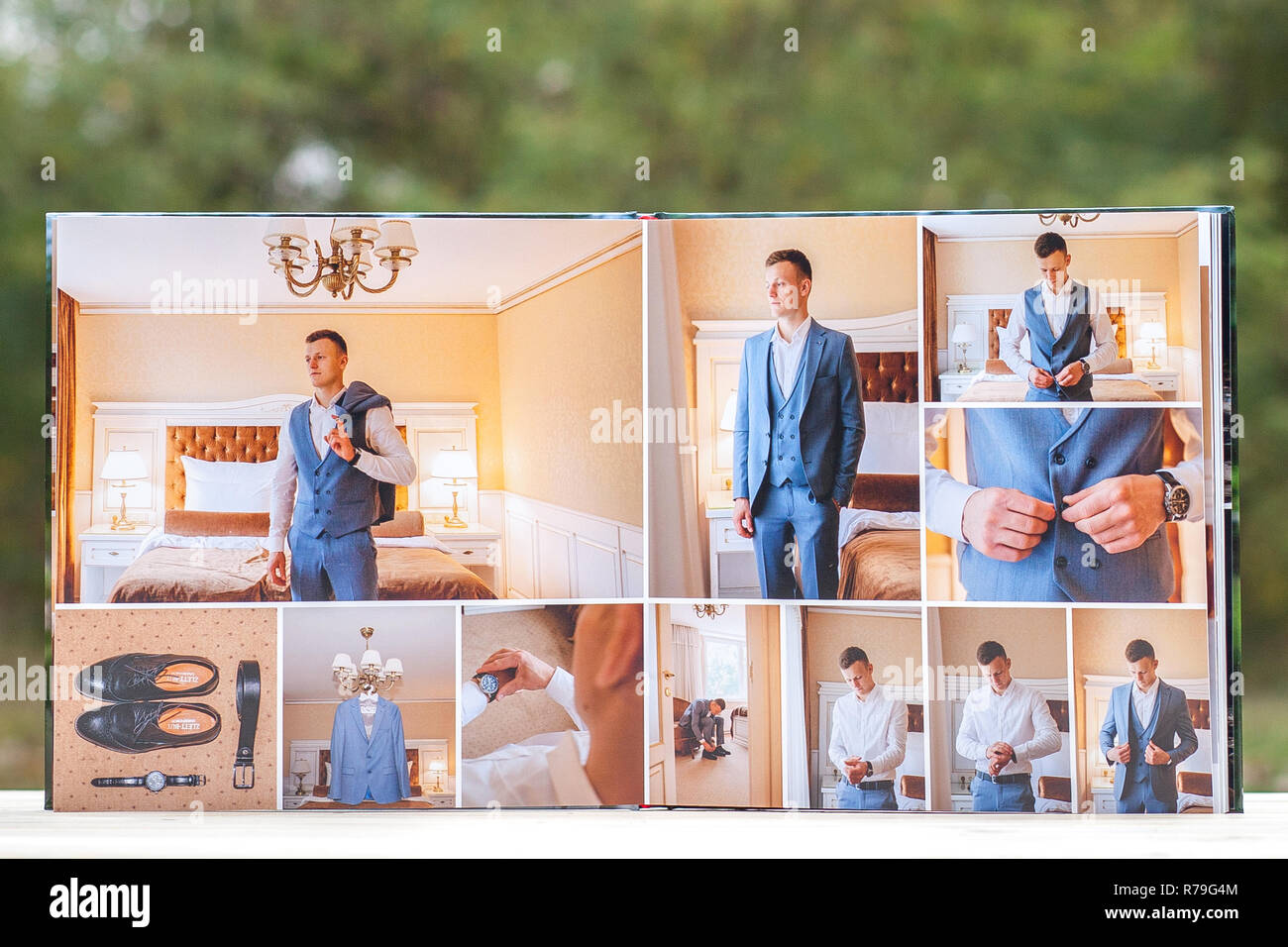 Pages of wedding photobook or wedding album on green background Stock ...