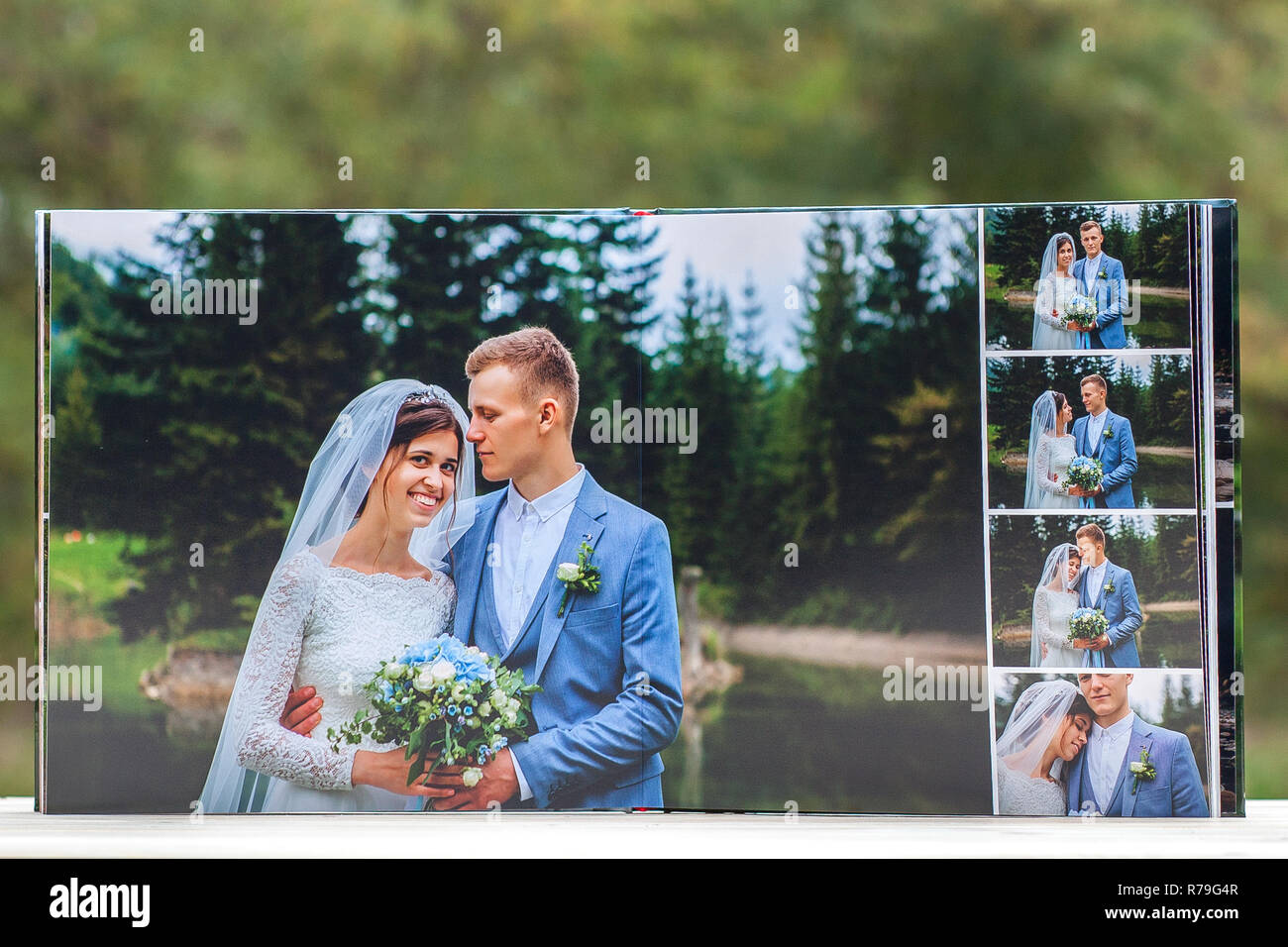 Pages of wedding photobook or wedding album on green background Stock ...