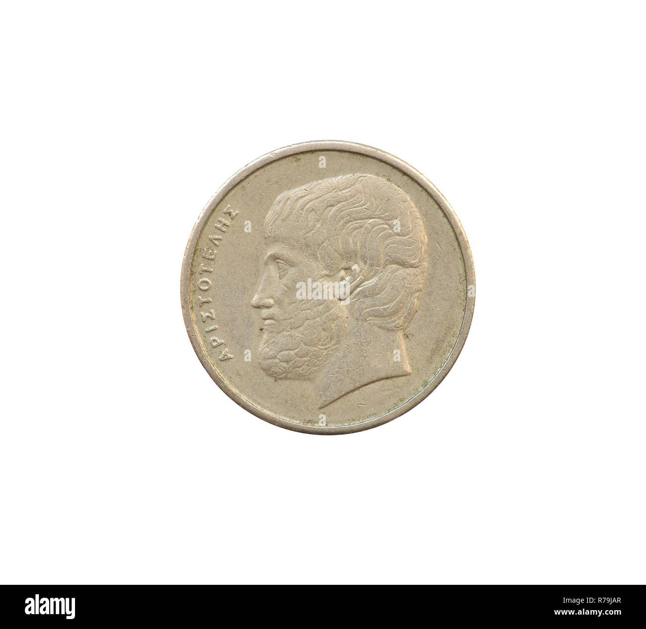 Obverse of 5 Drachma coin made by Greece, that shows The portrait of ...