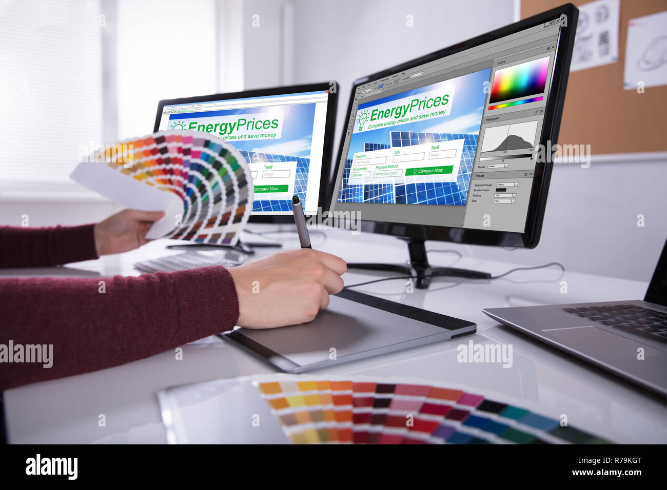 Designer Working On Multiple Computer Screens Stock Photo - Alamy