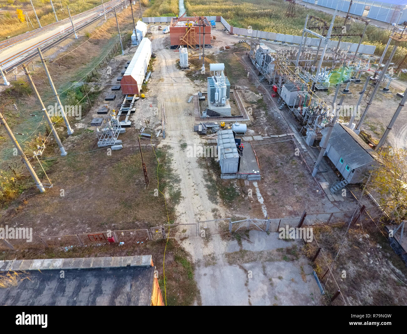 Construction of a transformer substation near the railway Stock Photo ...