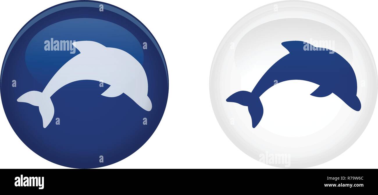 Simple dolphin button. Jumping fish symbol in circle. Blue and white ...