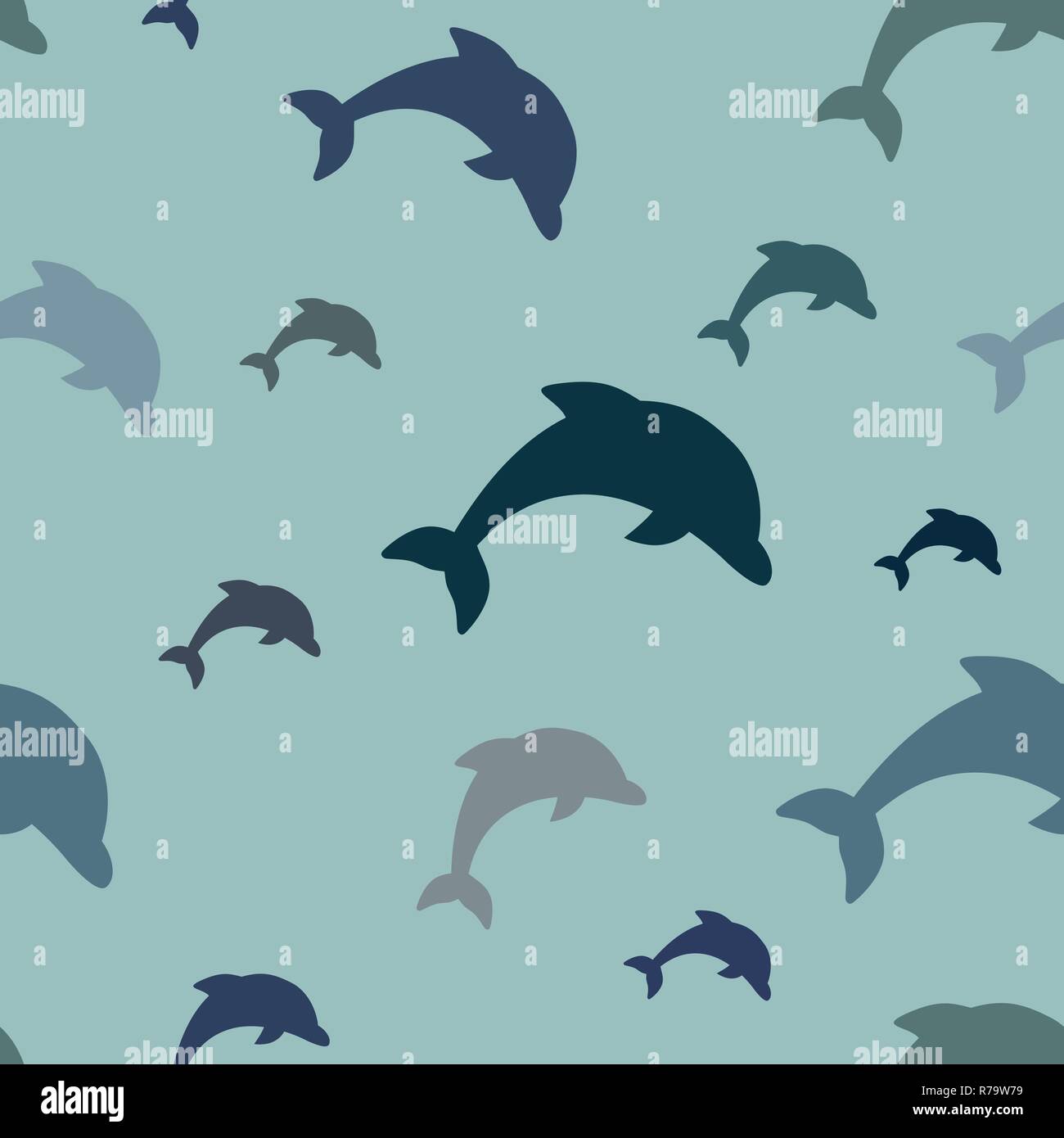 Seamless pattern - simple jumping dolphins in various shades of blue on ...