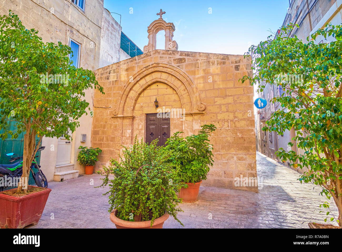 The preserved medieval small stone chapel located on the pedestrian ...