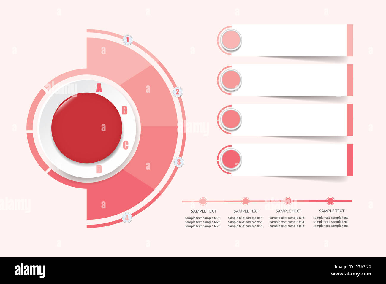 Modern infographic labels as a circle and semicircle in red color ...