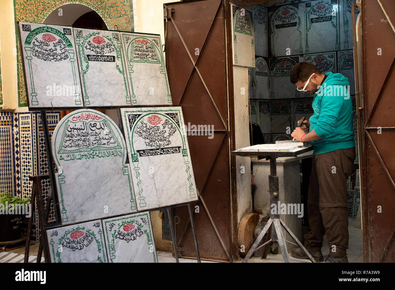 Morocco, Fes, Fes el Bali, Medina, Talaa Seghira, stonemason carving ...
