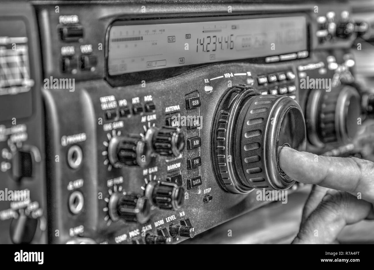 Modern high frequency radio amateur transceiver in black and white ...