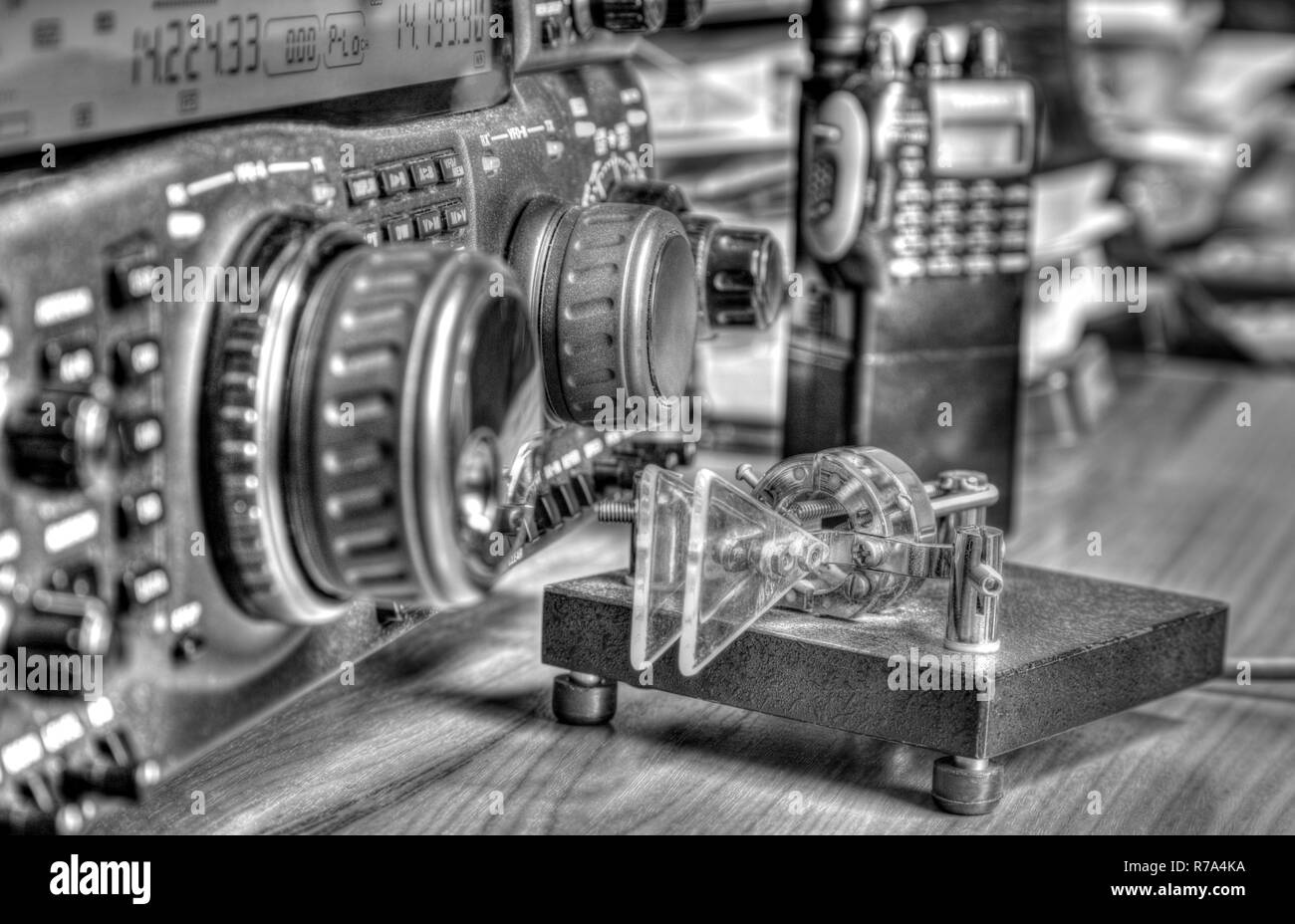 Modern high frequency radio amateur transceiver in black and white ...