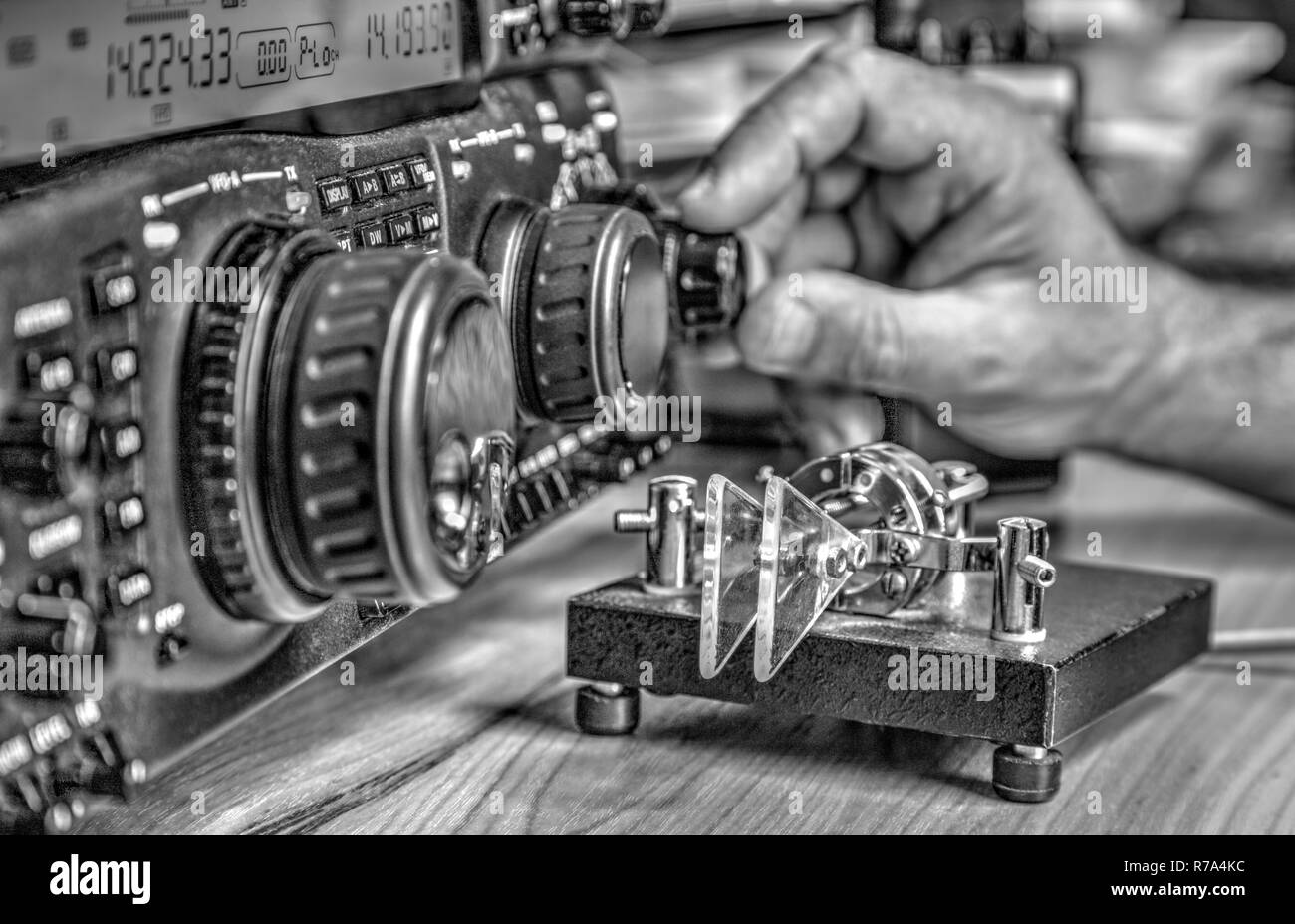 Modern high frequency radio amateur transceiver in black and white ...