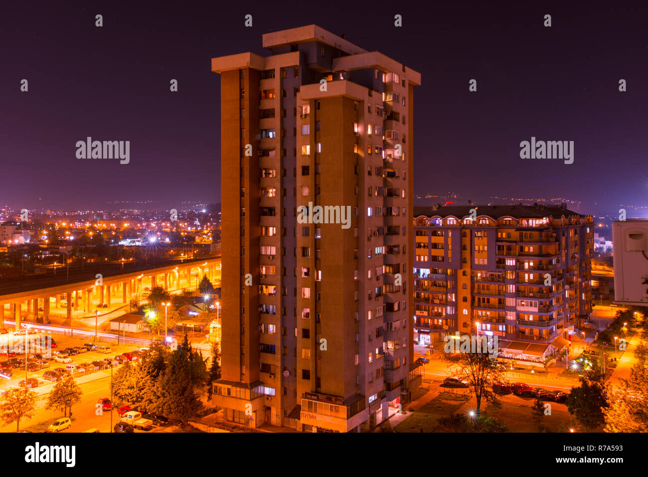City downtown night scene with city lights Stock Photo - Alamy