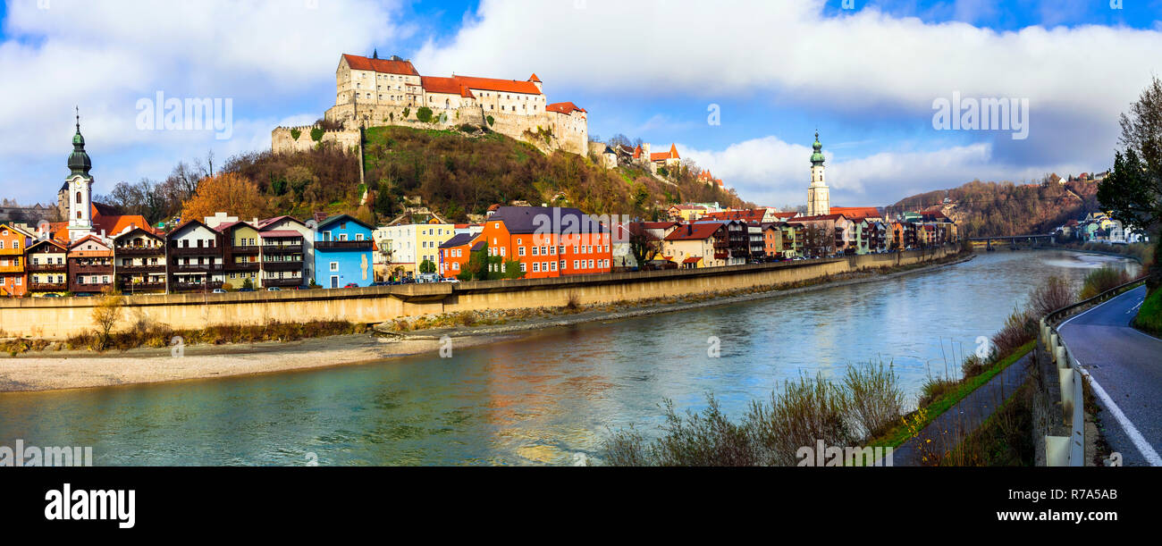 Beautiful Burghausen village,view with old castle and river,Bavaria ...