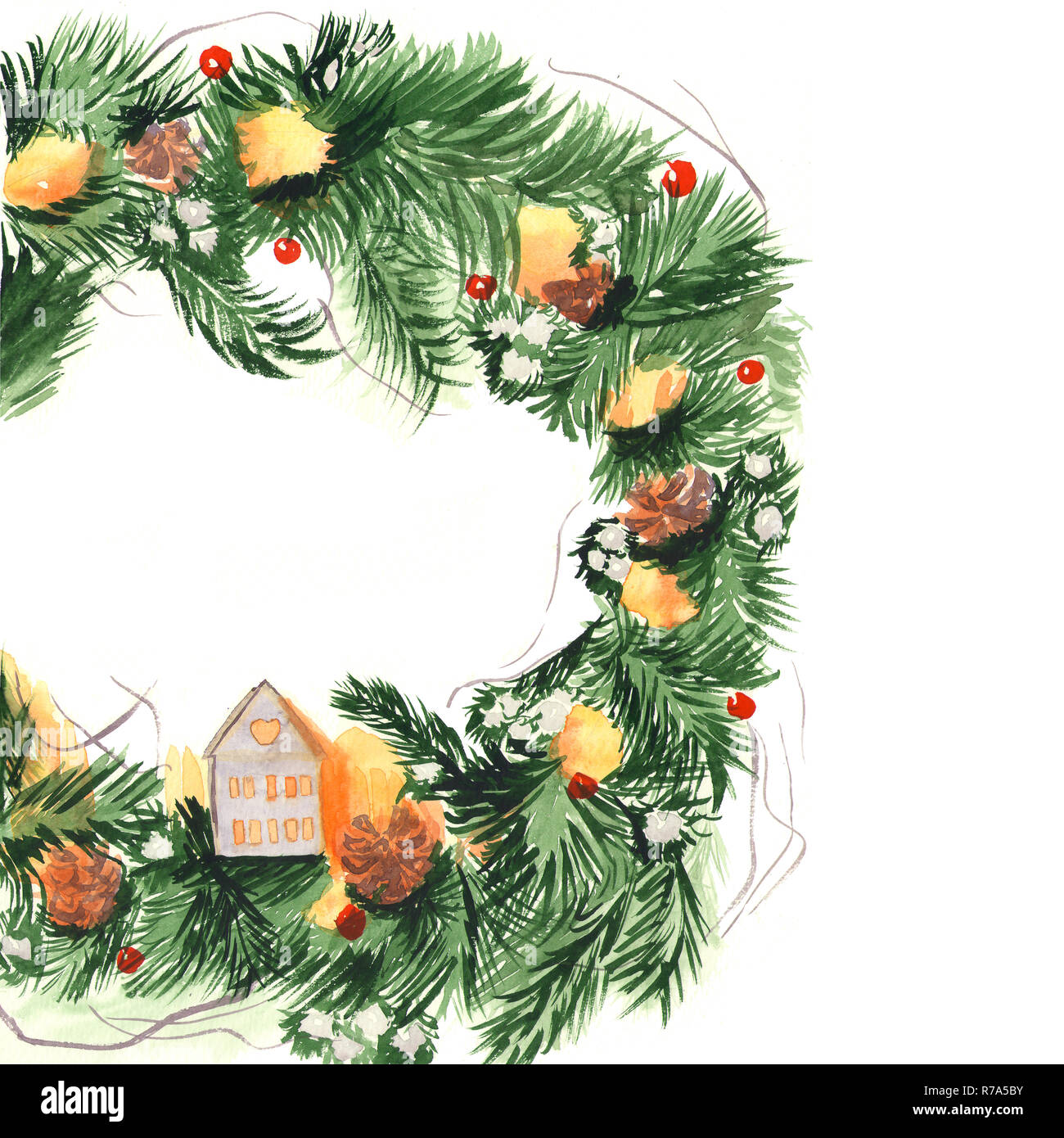 Watercolor Christmas tree wreath and garland. Hand painted texture with ...