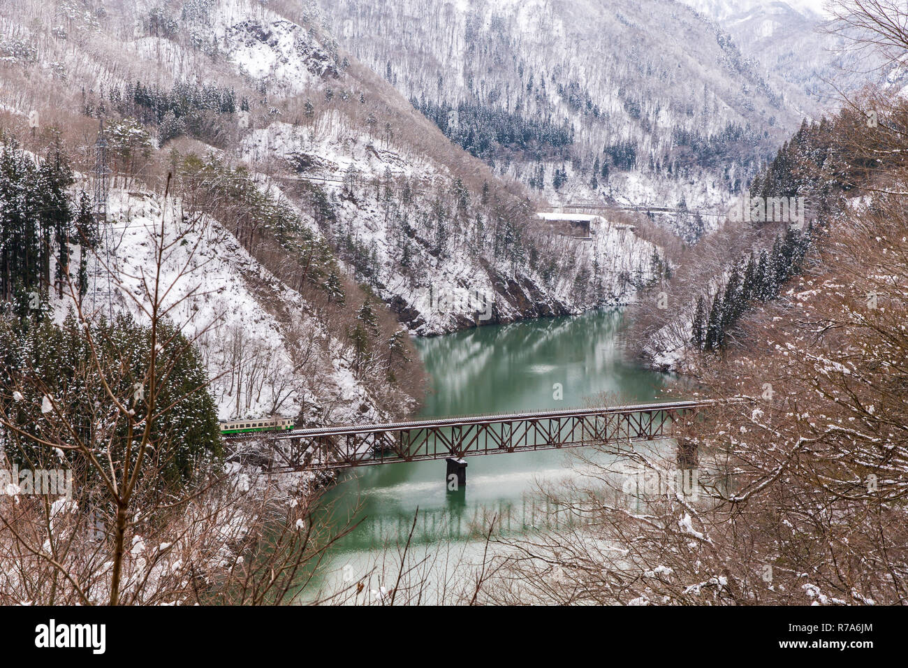 Train in Winter landscape snow on bridge Stock Photo - Alamy